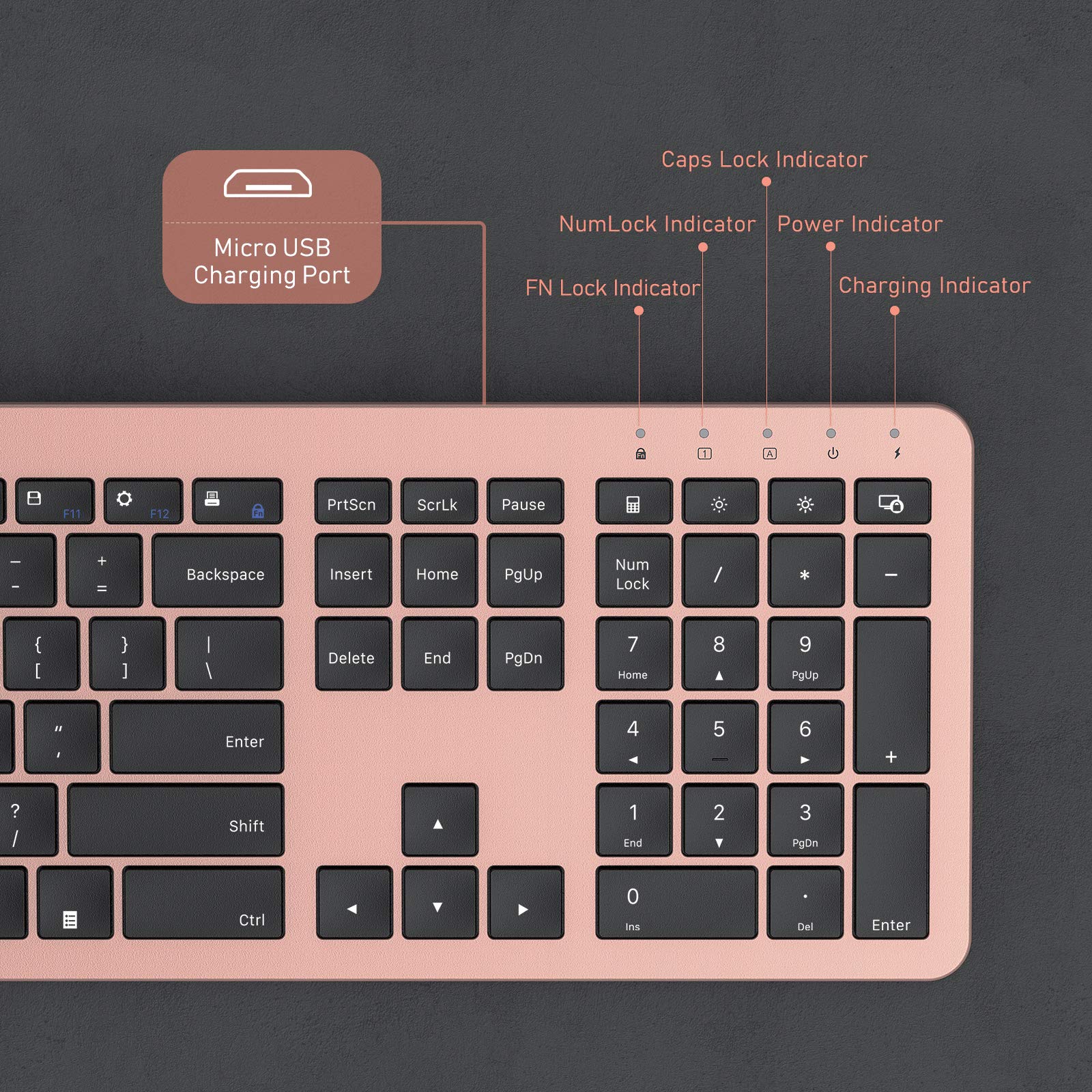 seenda Rechargeable Wireless Keyboard Mouse Combo Full Size Cordless Keyboard & Mouse Sets with Build-in Lithium Battery Ultra Thin Quiet Keyboard Mice (Rose Gold & Black)