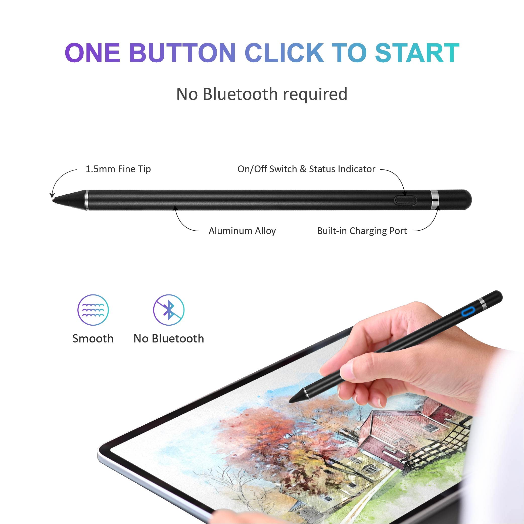 Active Stylus Pen Compatible for Touch Screens, Digital Rechargeable Stylish Pencil universal with Touch Function, Stylus pen for iPhone/iPad Pro/Air/Mini/iPhone/Android and Most Touch screens (Black)
