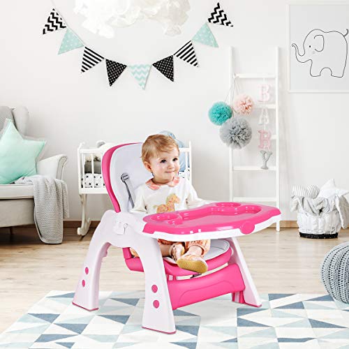 Costzon Baby High Chair, 3 in 1 Infant Table and Chair Set, Convertible Booster Seat with 3-Position Adjustable Feeding Tray, Adjustable Seat Back, 5-Point Harness (Pink)