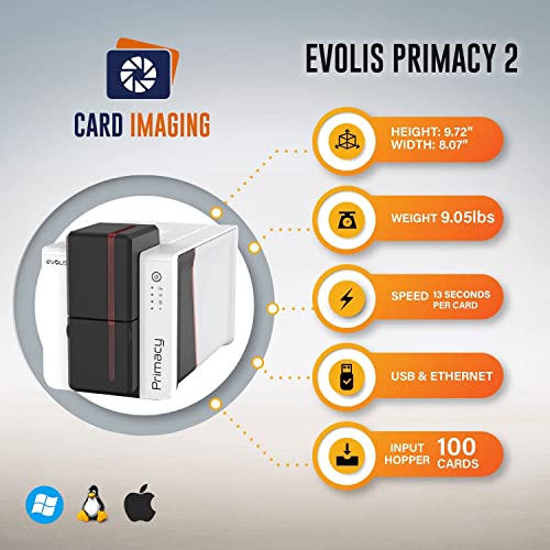 Evolis Primacy 2 Single Sided ID Card Printer & Supplies Bundle Badge Machine (PM2-0001-A)