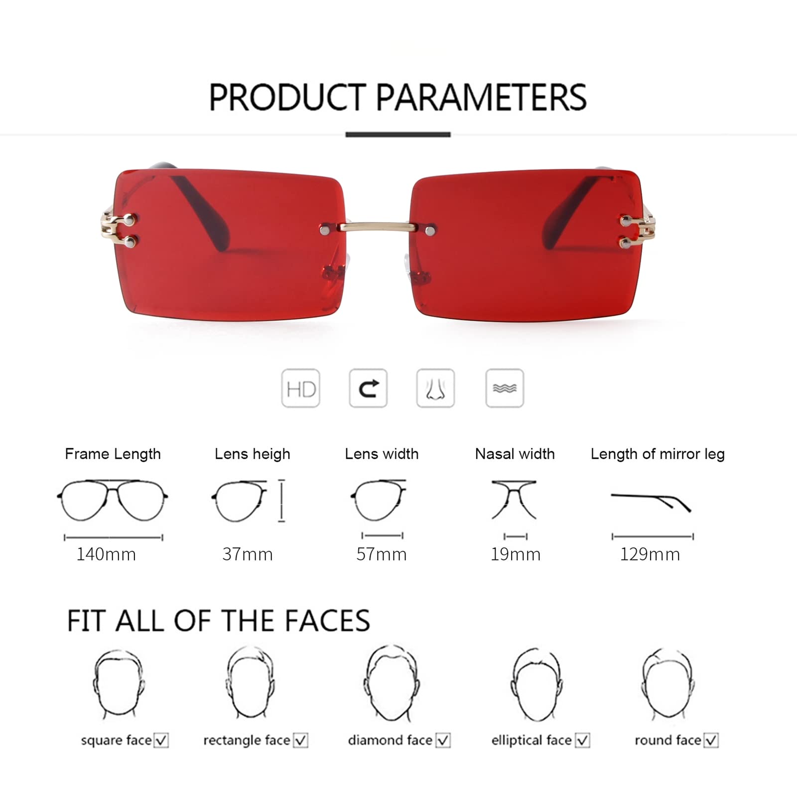 ADE WU Rimless Rectangle Sunglasses for Women Men,Trendy Fashion Sheer Pink,Blue Lens Frameless Glasses (Red)