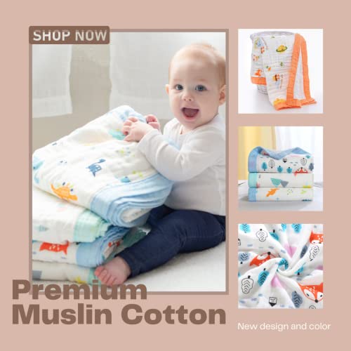 Jay & Ava Baby Muslin Blanket, Soft Toddler Cotton Blanket for Boy, 4 Layers Bed Throws for Baby Crib, Multicolor Printed Summer Quilt for Baby, Large 42β x 42β (Blue Digger)