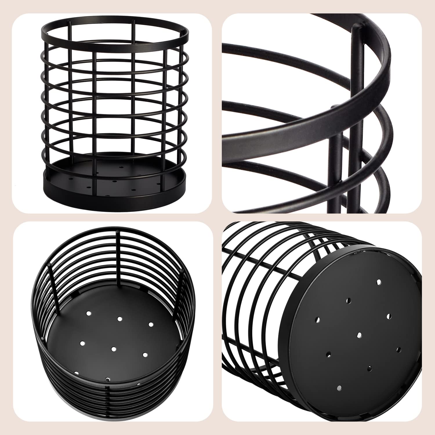 WDT Tool Utensil holder for Kitchen Counter - 5.2" x 5.2" x 6" Large Round Utensils Holder with Wooden Base Matte Black Cooking Utensil Holder,Kitchen countertop Utensil Organizer (Metal)