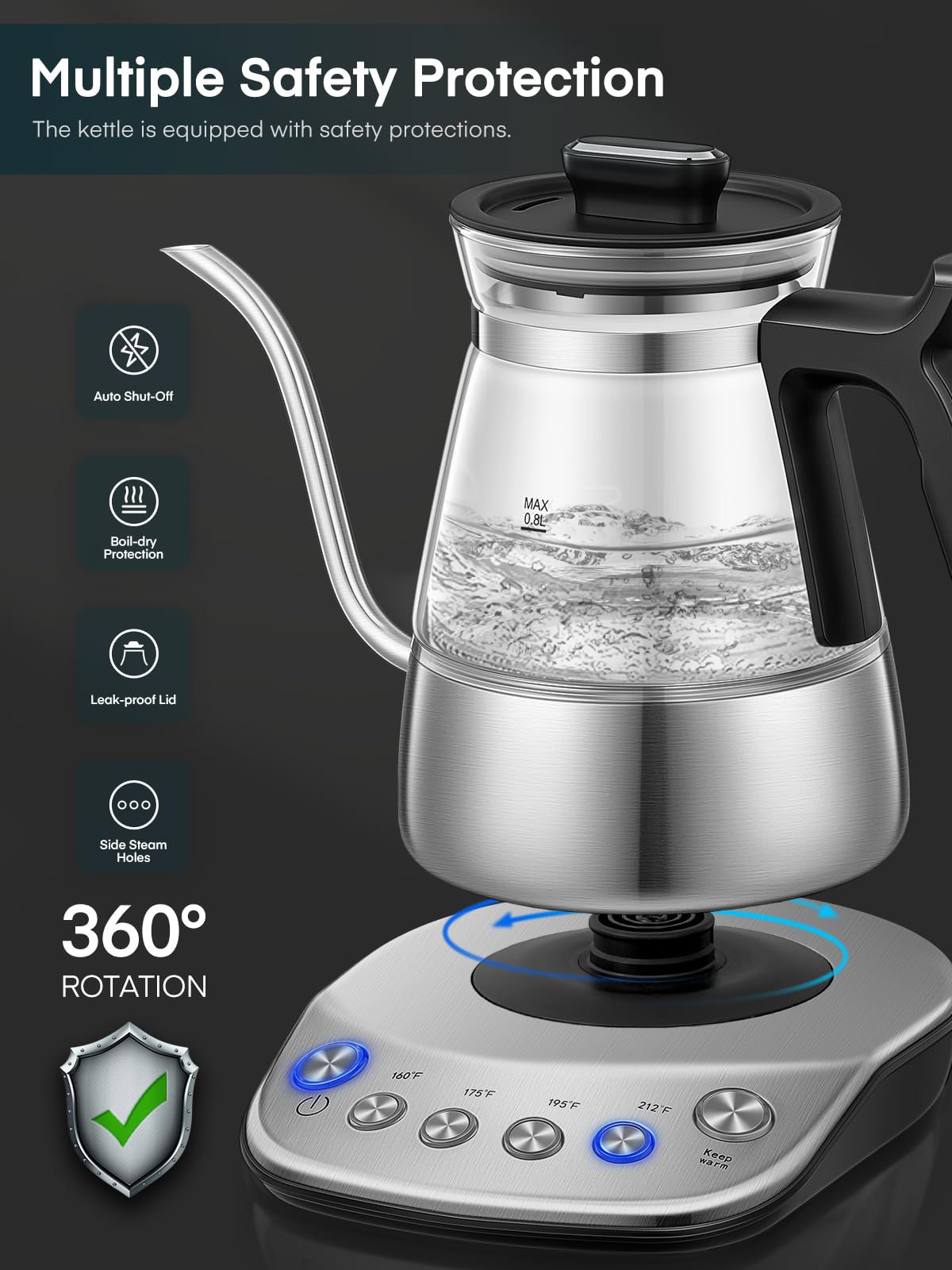Aiheal Electric Gooseneck Kettle, Glass Electric Tea Kettle with 4 Temperature Control Presets and Keep Warm Function, Pour Over Kettle for Coffee and Tea, Hot Water Boiler, Quick Heating, 1200W/0.8L