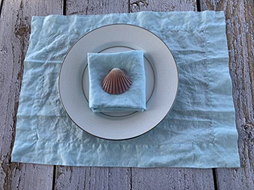 Eight Owls Stonewashed Linen Placemats – 15” x 20”– Set of 4-100% Pure Linen Cloth - Mitered Corners – 2" Hem – Coast (Aqua Lagoon)