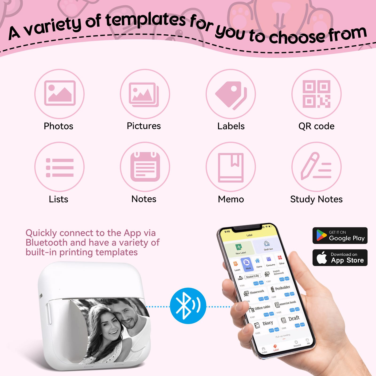 Qoosea Mini Printer Portable Printer with 13 Rolls Paper Storage Bag Thermal Sticker Printer Bluetooth App for Phone for Notes Pictures DIY Label Gift for Kids Friends