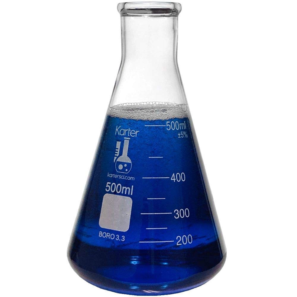 Glass Erlenmeyer Flask Set with Magnetic Stir Bar Set, 5 Sizes - 50, 150, 250, 500, and 1L, 3.3 Boro. Glass, Karter Scientific 213B4
