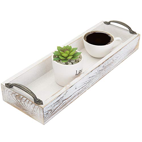 MyGift Whitewashed Wooden Decorative Tray with Vintage Handles, Narrow Rectangular Serving Tray, 16 x 5 Inches