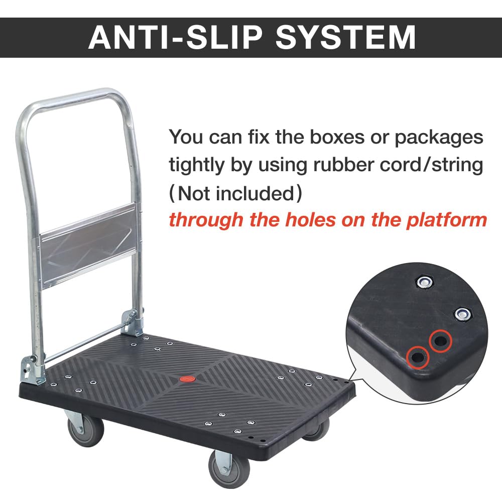 Japard Push Cart Dolly 660lbs Foldable Heavy Duty, Moving Utility Platform Hand Truck with Wheels 360 Degree Swivel, 18.8"x28.3"x33", Black