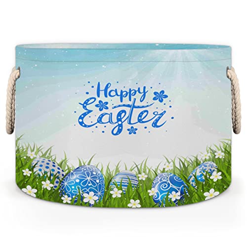 Easter Eggs Blue Large Round Baskets for Storage Laundry Baskets with Handles Blanket Storage Basket for Bathroom Shelves Bins for Organizing Nursery Hamper Girl Boy