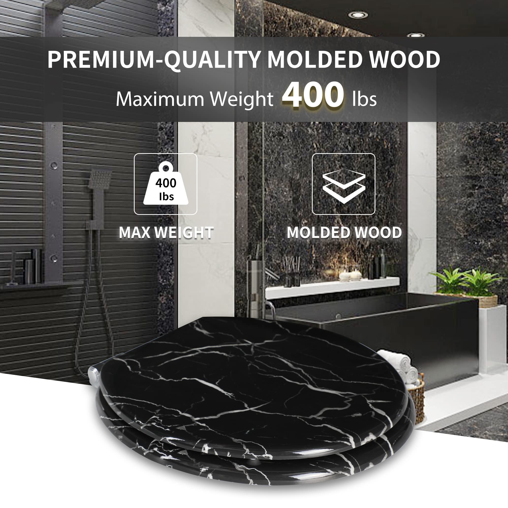 Angel Shield Marble Toilet Seat Durable Molded Wood with Quiet Close,Easy Clean,Quick-Release Hinges (Round,Black Marble)