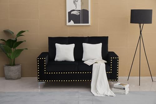 Velvet Small Loveseat Sofa Modern Sectional Couch with Square Armrest Rivets 2 Pillows for Living Room Black