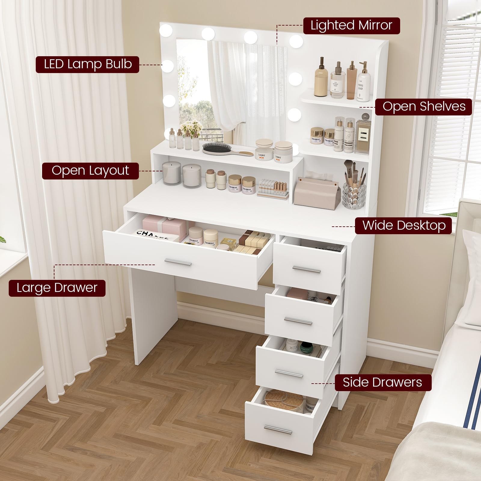 FGNTWP Makeup Vanity Desk with Mirror, 10 Lights, 5 Drawers, 3 Storage Shelves, 3 Color Modes & Adjustable Brightness Dressing Table, 35.4β Desk, White