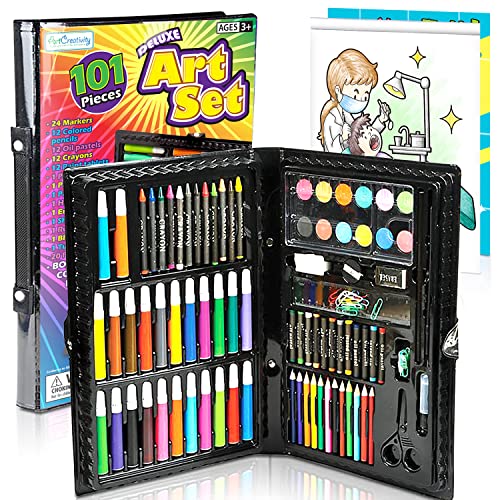 Deluxe Art Set For Kids by ART CREATIVITY - Ideal Beginner Artist Kit Includes 101 Pieces - Watercolor, Crayons, Colored Markers, Color Pencils and More + Bonus Coloring Book