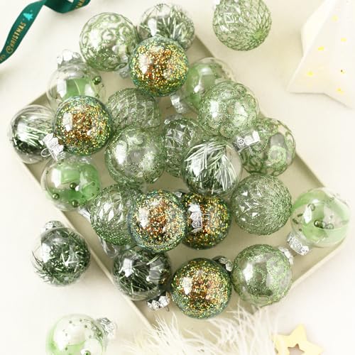 60MM/2.36" Clear Christmas Ornaments Set, 25PCS Shatterproof Decorative Hanging Ball Ornament with Stuffed Delicate Decorations, Xmas Tree Balls for Holiday Party - Green.
