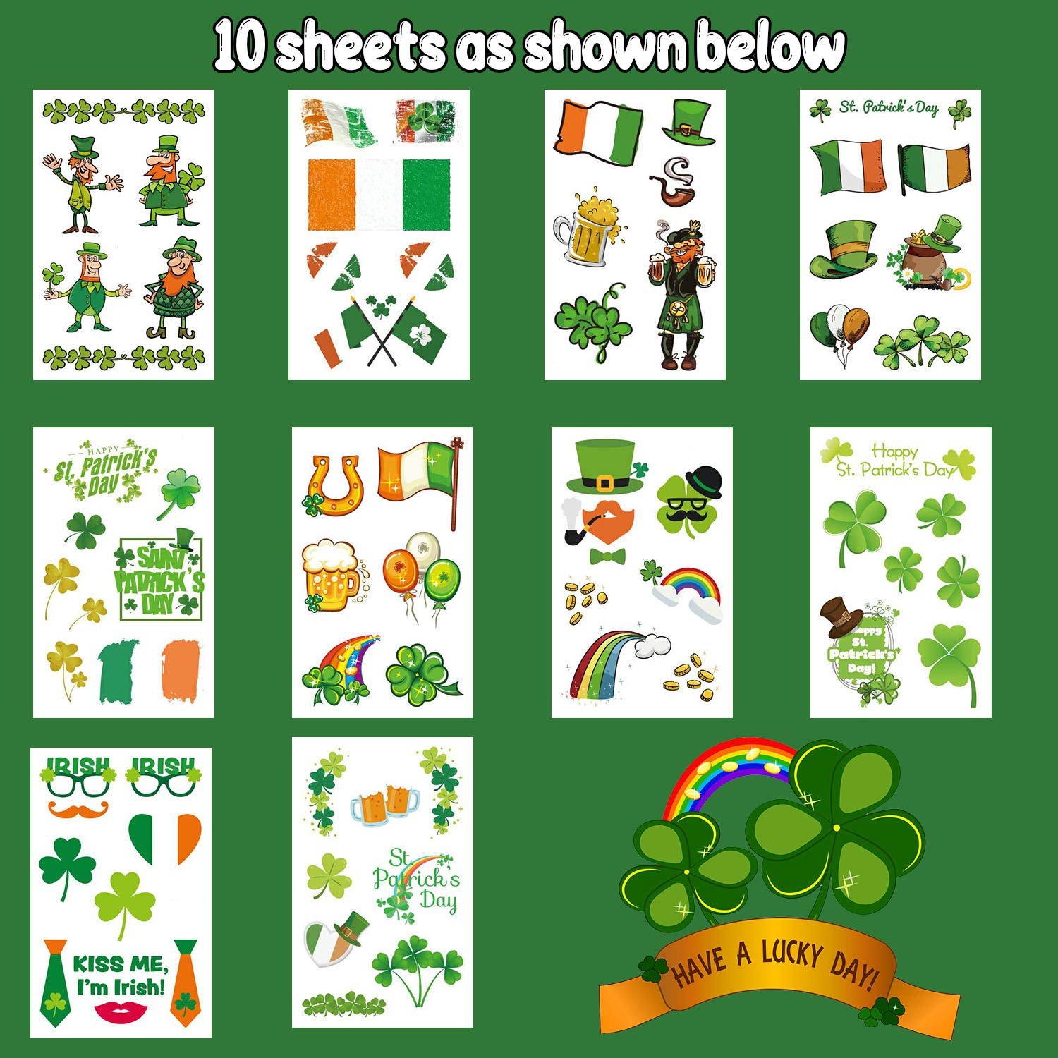 Partywind 70 PCS (10 Sheets) St Patrick's Day temporary Tattoos for Kids, St Patrick's Day Shamrock Decorations Accessories Party Favors Supplies, Cute Irish Saint Patrick's Day Face Tattoos Stickers