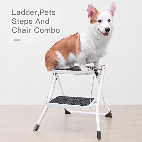 Delxo Step Stool Folding 2 Step Ladder Heavy Duty Steel Sturdy Wide Pedal Lightweight Anti-Slip Portable & Collapsible Two Stool Ladder Kitchen Closet 2 Step Stools for Adults White Stepladder