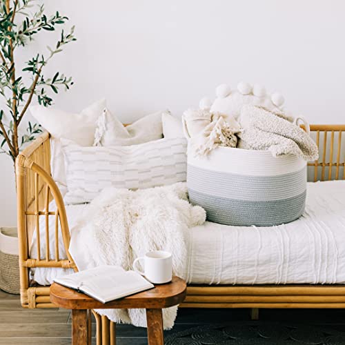OrganiHaus Gray Extra Large Storage Basket for Blankets 20x13| Decorative Cute Laundry Hamper Basket for Clothes | Cotton Rope Basket for Blankets | Farmhouse Nursery Laundry Basket & Towel Hamper