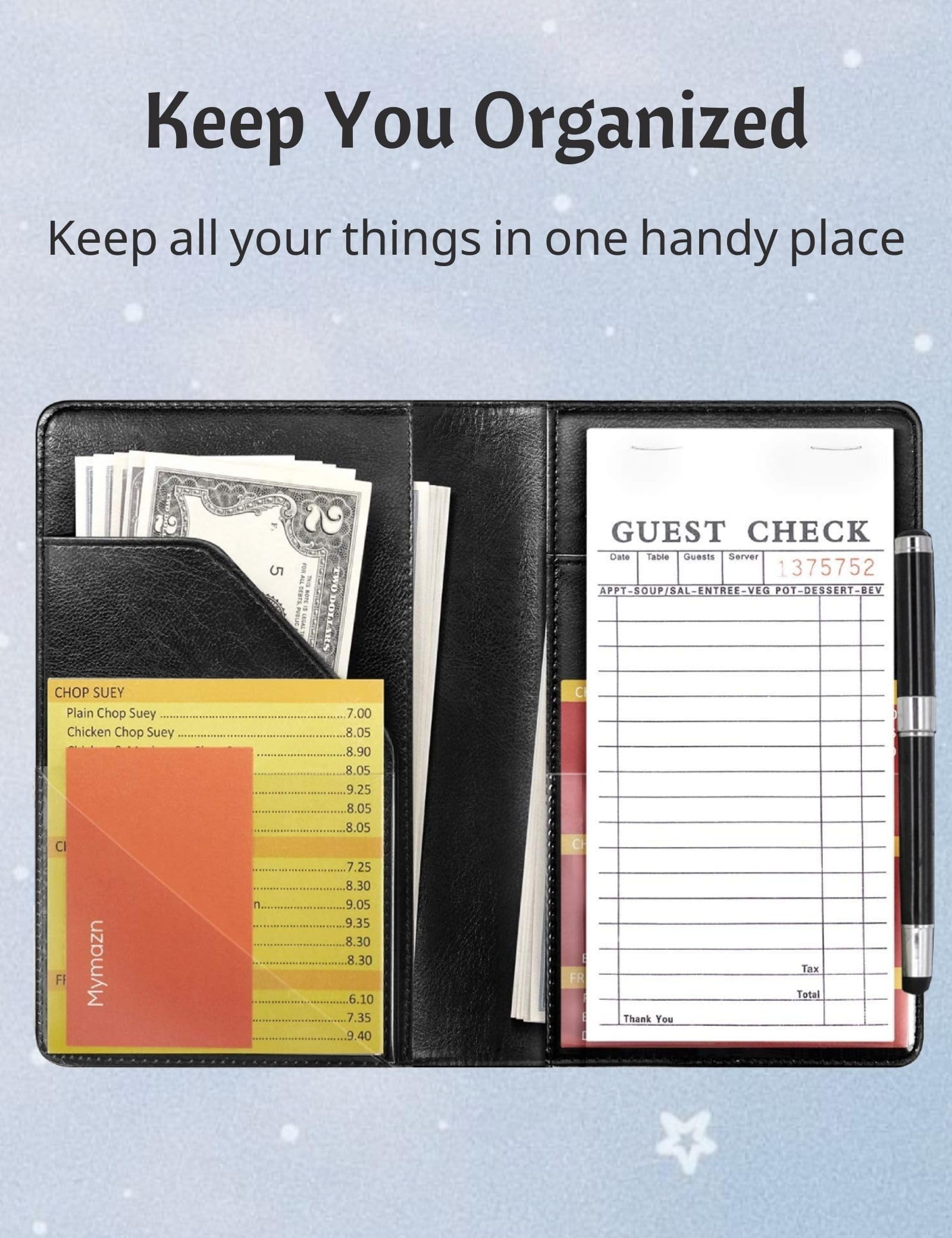 Glitter Black Server Book for Waitress Book Server Wallet Waiter Book Cute Bling Waitstaff Organizer Fit Waitress Apron (Glitter Black)