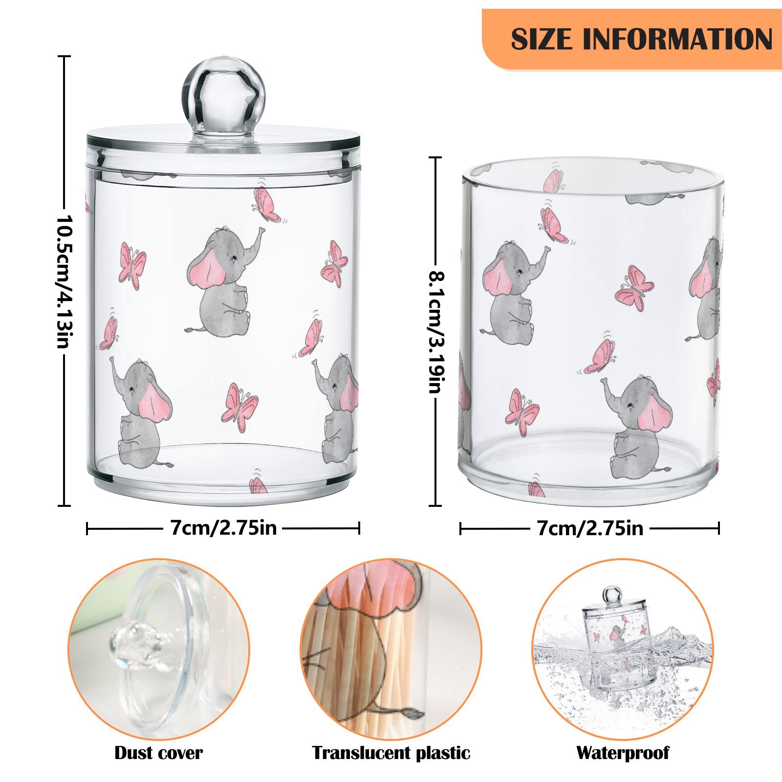 YYZZH Cute Elephant Baby Play With Butterfly Animal 2 Pack Qtip Holder Dispenser for Cotton Swab Ball Round Pads Floss 10 Oz Apothecary Jar Set for Bathroom Canister Storage Makeup Organizer