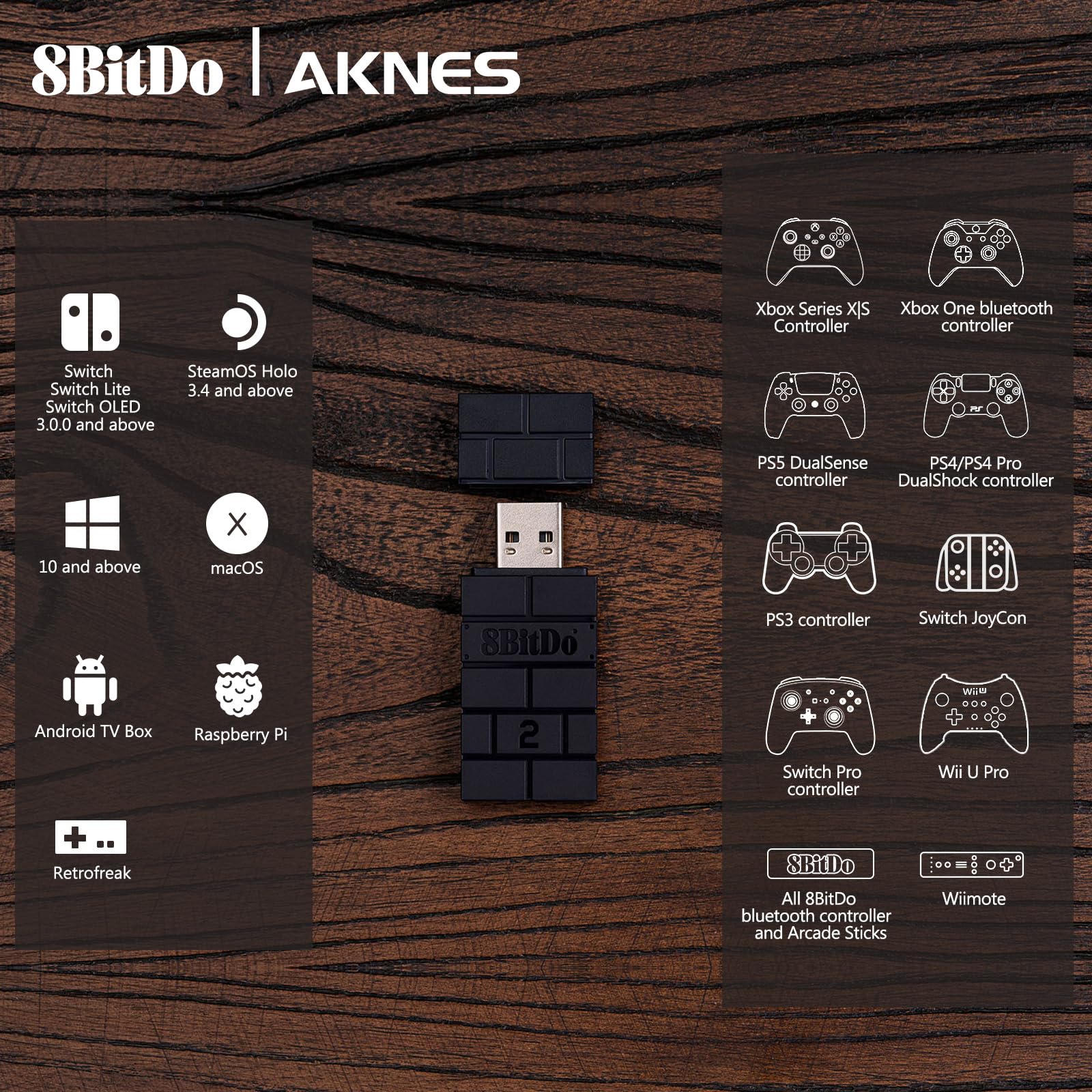 8BitDo USB Wireless Controller Adapter 2 Converter Dongle for Switch/Switch OLED,Steam Deck,Windows,Raspberry Pi, macOS, PS5/PS4/PS3 Controller,Xbox Series X/S,Xbox One Bluetooth Controller OTG Cable