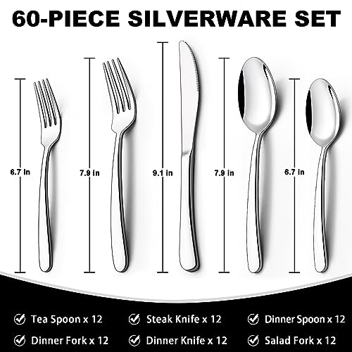 EWFEN 60-Piece Silverware Set, Heavy Duty Stainless Steel Flatware Set for 12, Food-Grade Tableware Cutlery Set, Utensil Sets for Home Restaurant, Mirror Finish, Dishwasher Safe