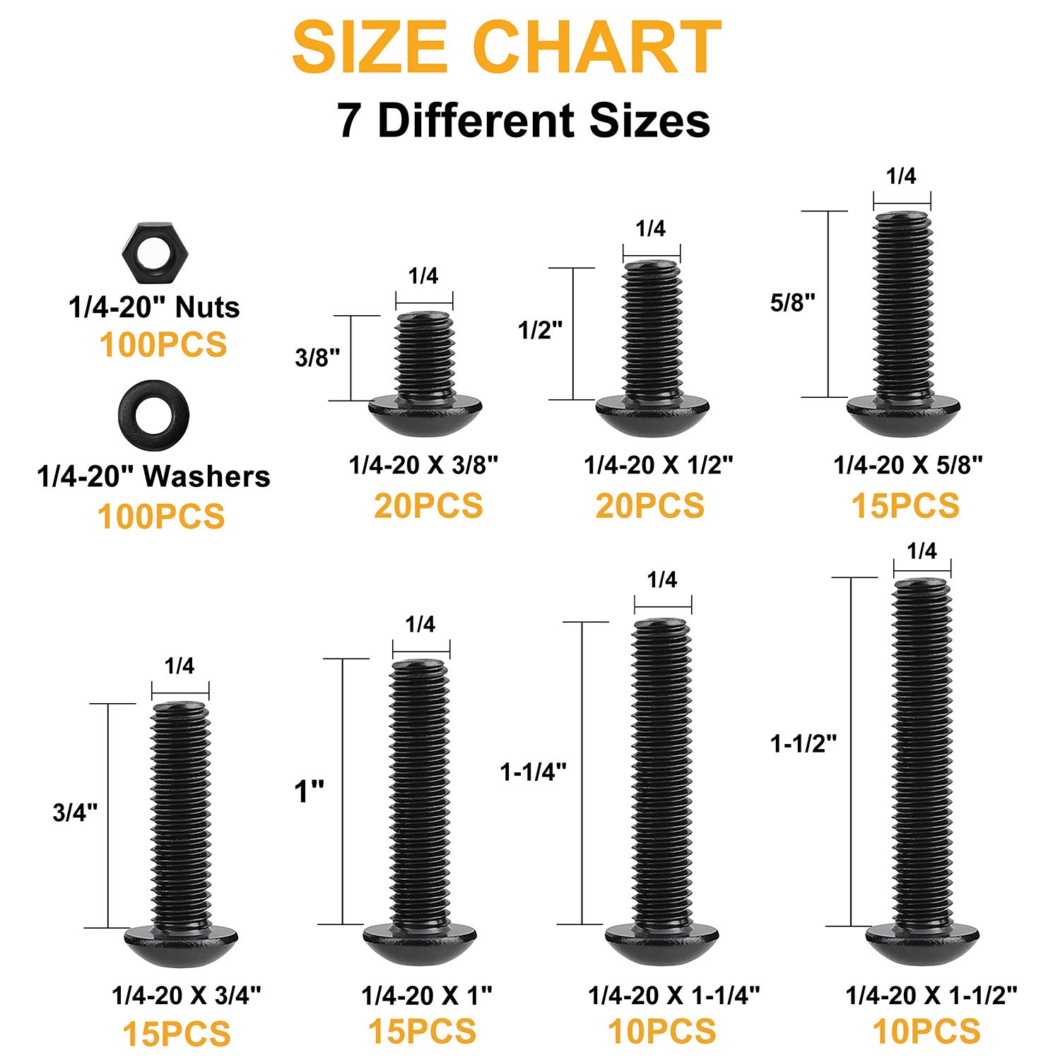 VIGRUE 305Pcs 1/4-20 Bolt and Nut Assortment Kit, 1/4-20 Black Button Head Socket Cap Screw Nuts Washers Kit, Assorted Allen Head Screws, Class 12.9 Alloy Steel