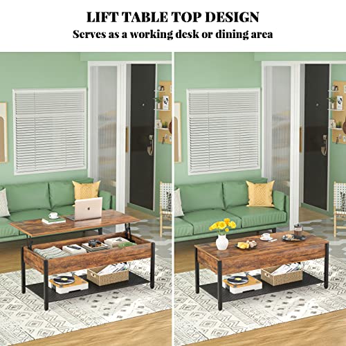 Homieasy Coffee Table, Lift Top Coffee Table with Storage Shelf and Hidden Compartment, Modern Lift Top Table for Living Room, Wood Lift Tabletop, Metal Frame - Rustic Brown