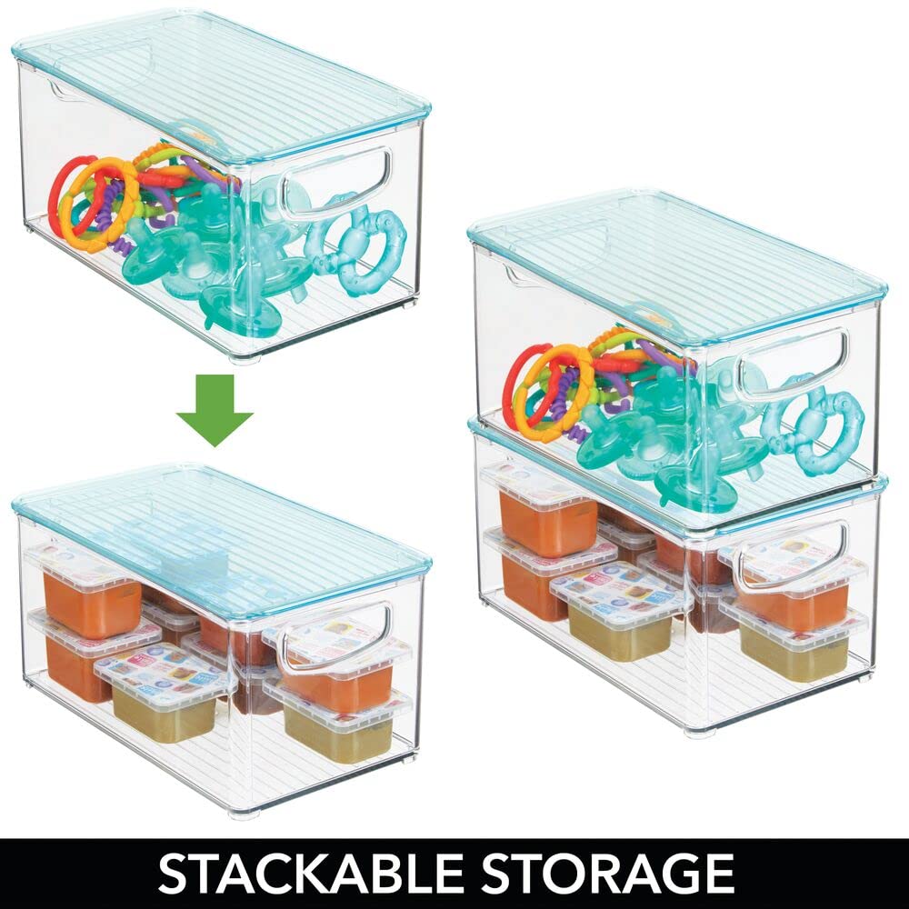 mDesign Plastic Baby Storage Bin Box Organizer Container with Lid/Handles for Organizing Playroom, Nursery, Dresser - Holds Diapers, Baby Clothes, Wipes, Toys, Ligne Collection, 2 Pack, Clear/Blue