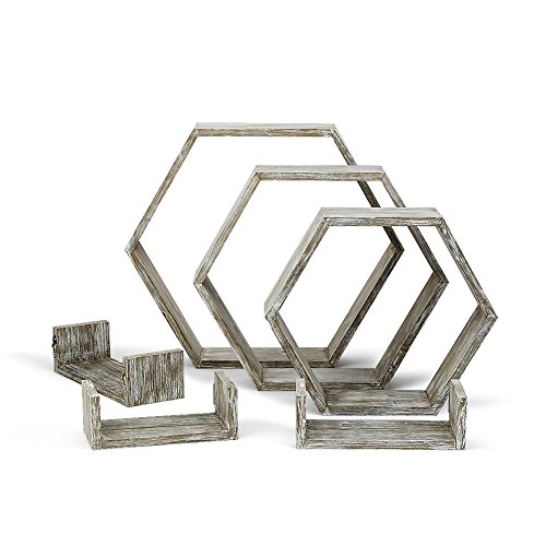RR ROUND RICH DESIGN Wall Shelf Set of 6 - Rustic Wood 3 Hexagon Boxes and 3 Small Shelves for Free Grouping Driftwood Finish
