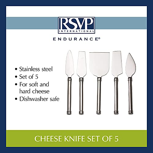 RSVP International EnduranceĀ® Stainless Steel Cheese Knives, Set of 5 | Five Different Blades | Cut & Serve Cheeses in Style | Great for Parties, Events, or Home Use | Dishwasher Safe