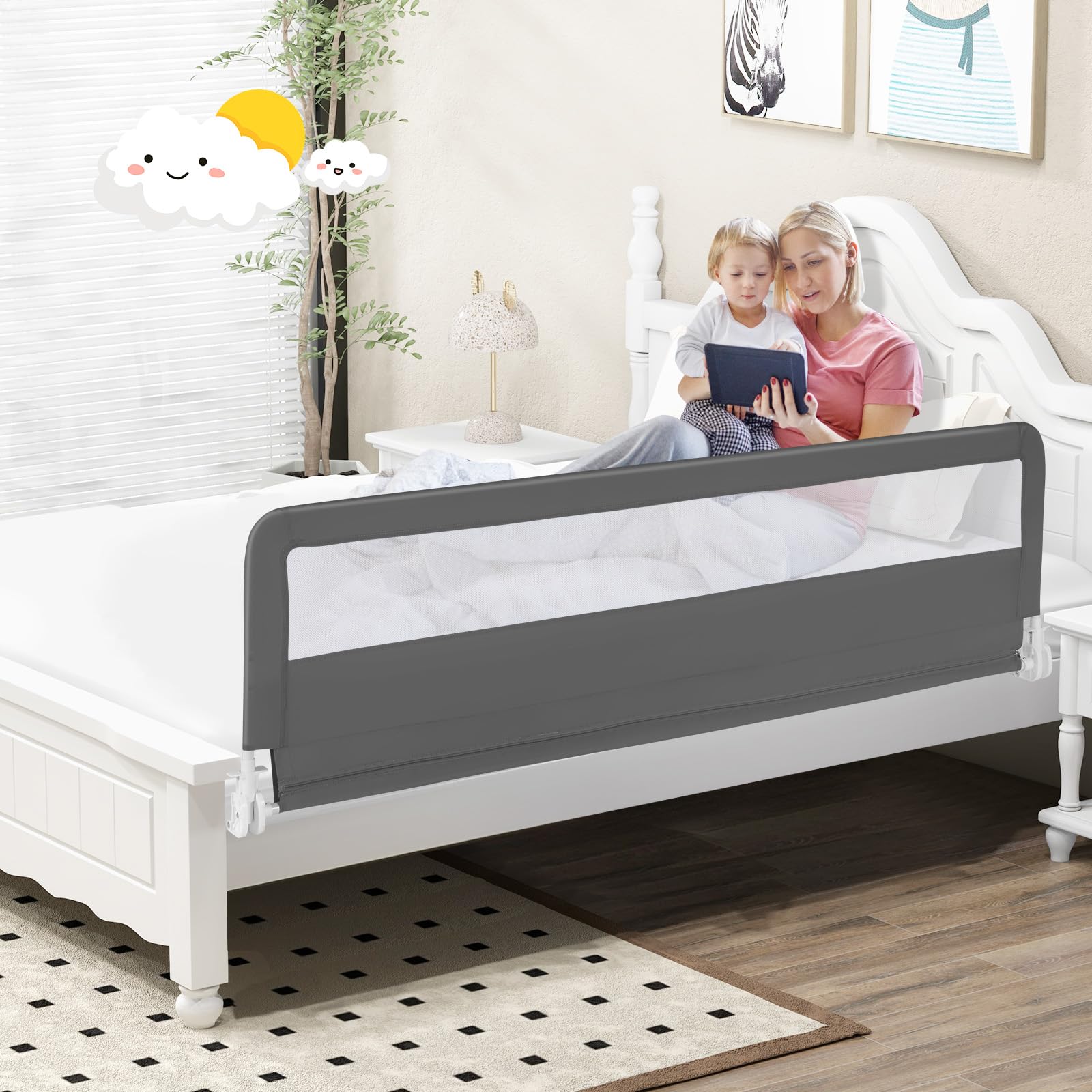 BABY JOY Bed Rails for Toddlers, 71'' Extra Long, Swing Down Bed Guard w/Safety Strap, Folding Baby Bedrail for Kids Twin, Double, Full Size Queen & King Mattress (71-Inch, Gray)