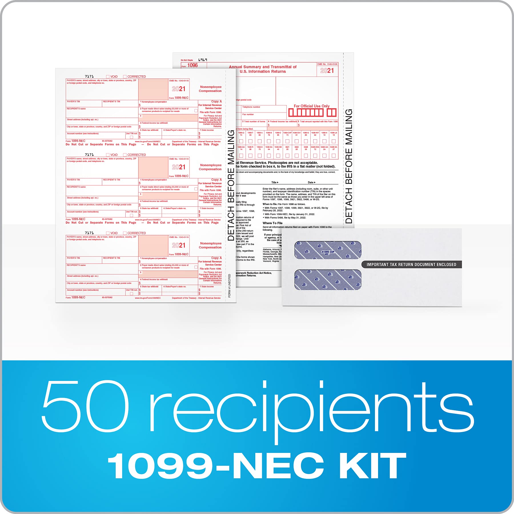 Adams 1099 NEC Forms 2021, 5 Part Laser 1099 Forms with Self Seal 1099 Envelopes, for 50 Recipients, Includes 3 1096 Forms (TXA2250E-NEC21)