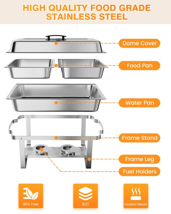 Takywep Chafing Dish Buffet Set 2 Pack, 8 QT Stainless Steel Chafer Buffet Food Servers and Warmers Set with Water Pan for Weddings, Parties, Banquets, and Catering