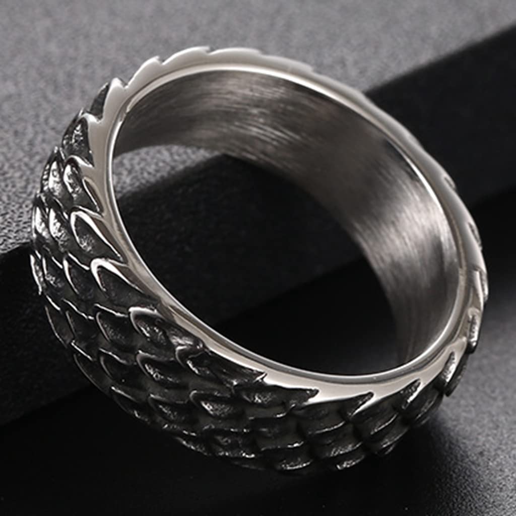8mm Retro Vintage Stainless Steel Fish Snake Scale Pattern Band Style Biker Cocktail Party Halloween Ring (Silver Black, 9)