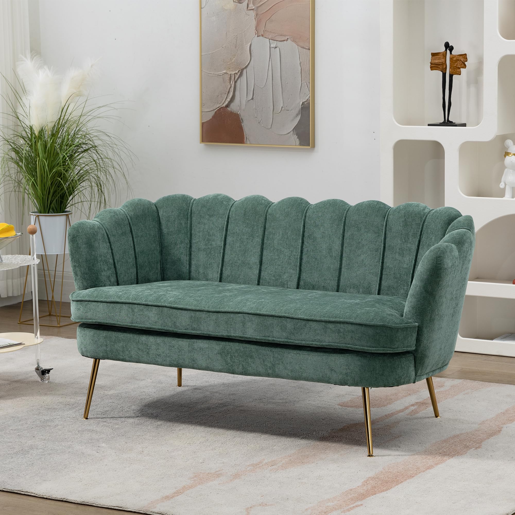 AnwickNomo 59" Modern Chenille Loveseat Small Sofa with Flower Shaped Back, 2-Seater Club Couch with Gold Metal Legs for Small Space/Office/Studio/Living Room/Apartment/Bedroom (Green+New)