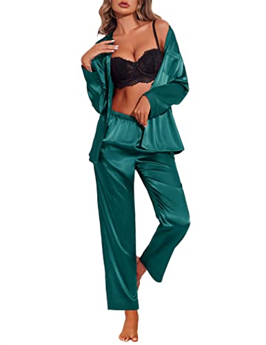 Ekouaer Womens Silk Pjs Long Sleeve Sleepwear Satin Pajamas Top and Pants Set Two Piece Sleep Set Dark Green