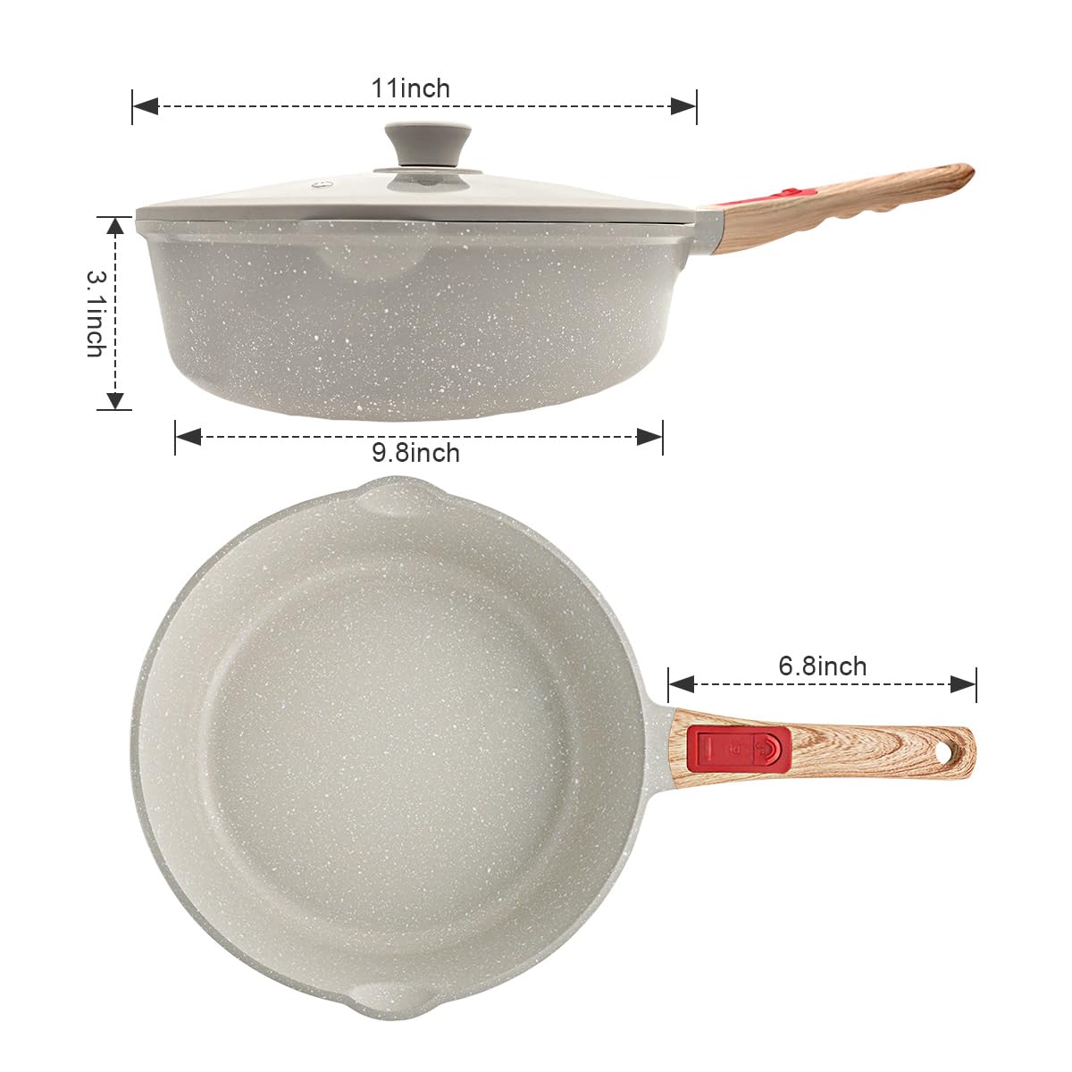AIKENBBKK 11 Inch Nonstick Deep Frying Pan with Lid, 5Qt Non Stick Skillet with Removable Handle, Aluminum Sauté Pan Compatible with All Stovetops, Dishwasher& Oven Safe (White)