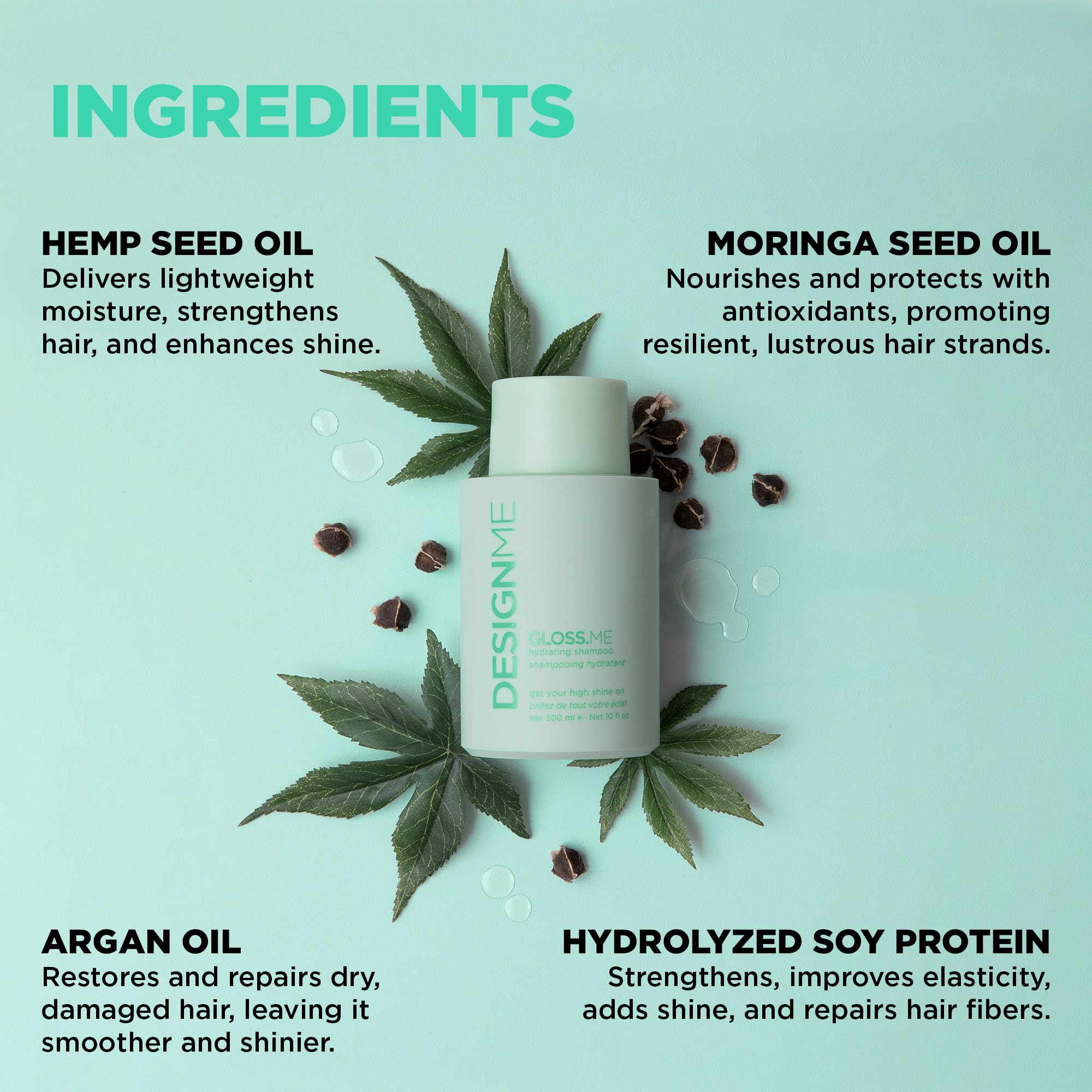 GLOSS.ME Hydrating Shampoo by DESIGNME | Hemp & Argan Oil Shampoo Adds Softness & Shine | Straight, Wavy, or Curly Hair Shampoo | Sulfate-Free & Color-Safe Moisturizing Shampoo for Dry Hair, 10 Fl Oz