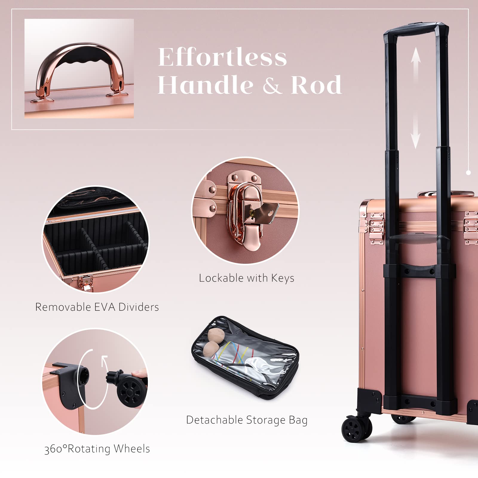 Adazzo Professional Rolling Makeup Train Case with Drawers, Large Cosmetic Trolley with Locks, Cosmetics Storage Organizer Make up Case for Travel Makeup/Nail Art/Hair Styling, Matte Gold