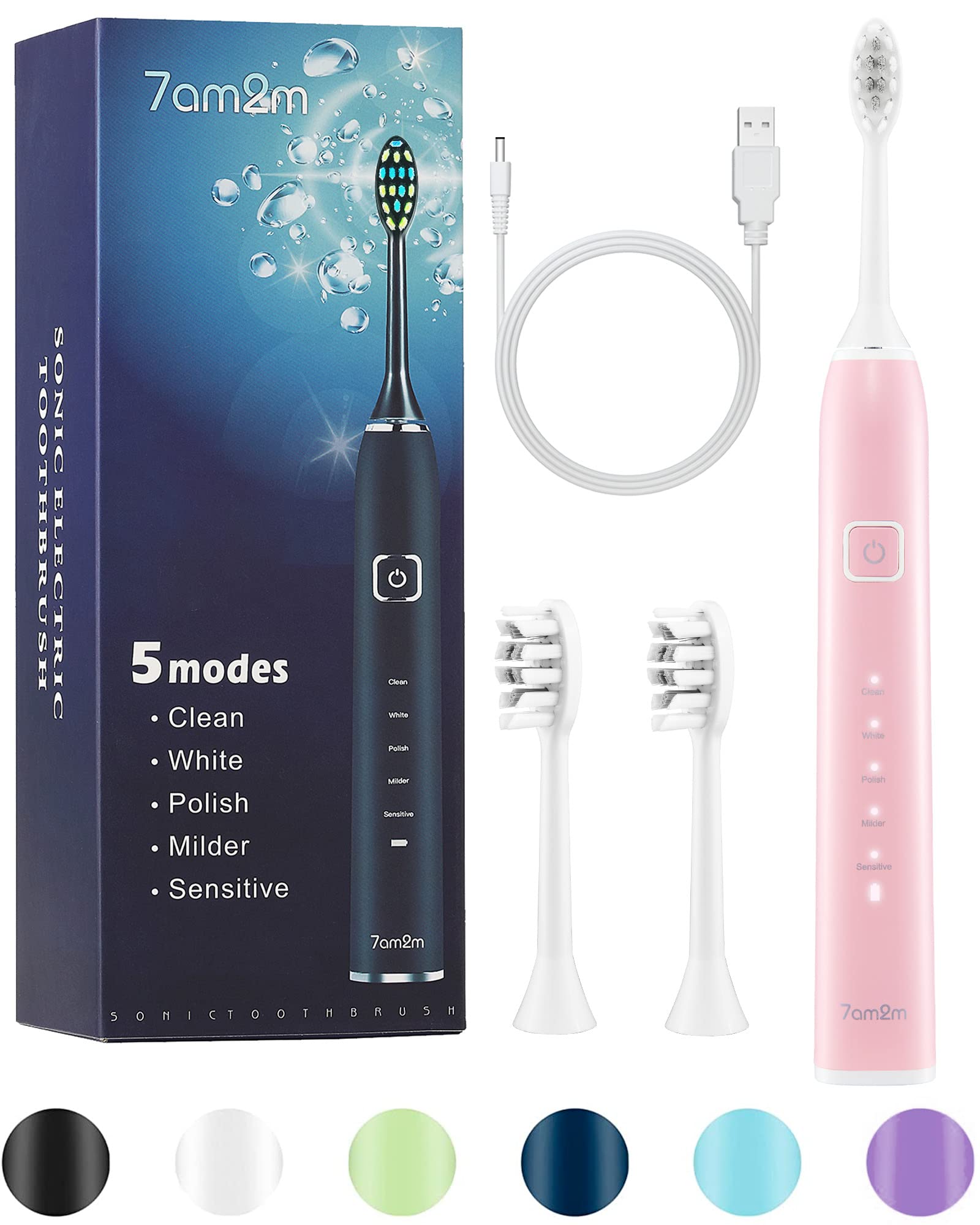 7AM2M Sonic Electric Toothbrush for Adults - USB Cable Charging, 90 Days of Use, 5 Adjustable Modes, Waterproof, Pink