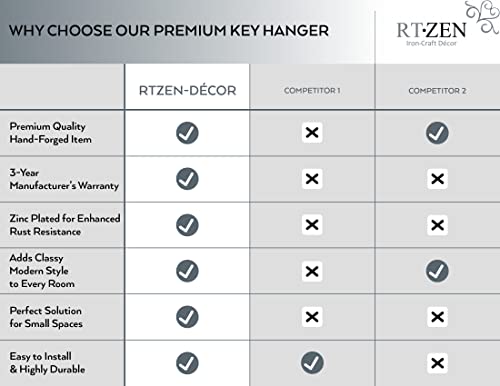 RTZEN Farmhouse Small Key Holder for Wall - Handcrafted Swirl Decorative 5 Key Hooks for Home Entryway - Wrought Iron Black Wall Mount Key Rack Purse Coat and Leash Holder or Organizer (Classic)