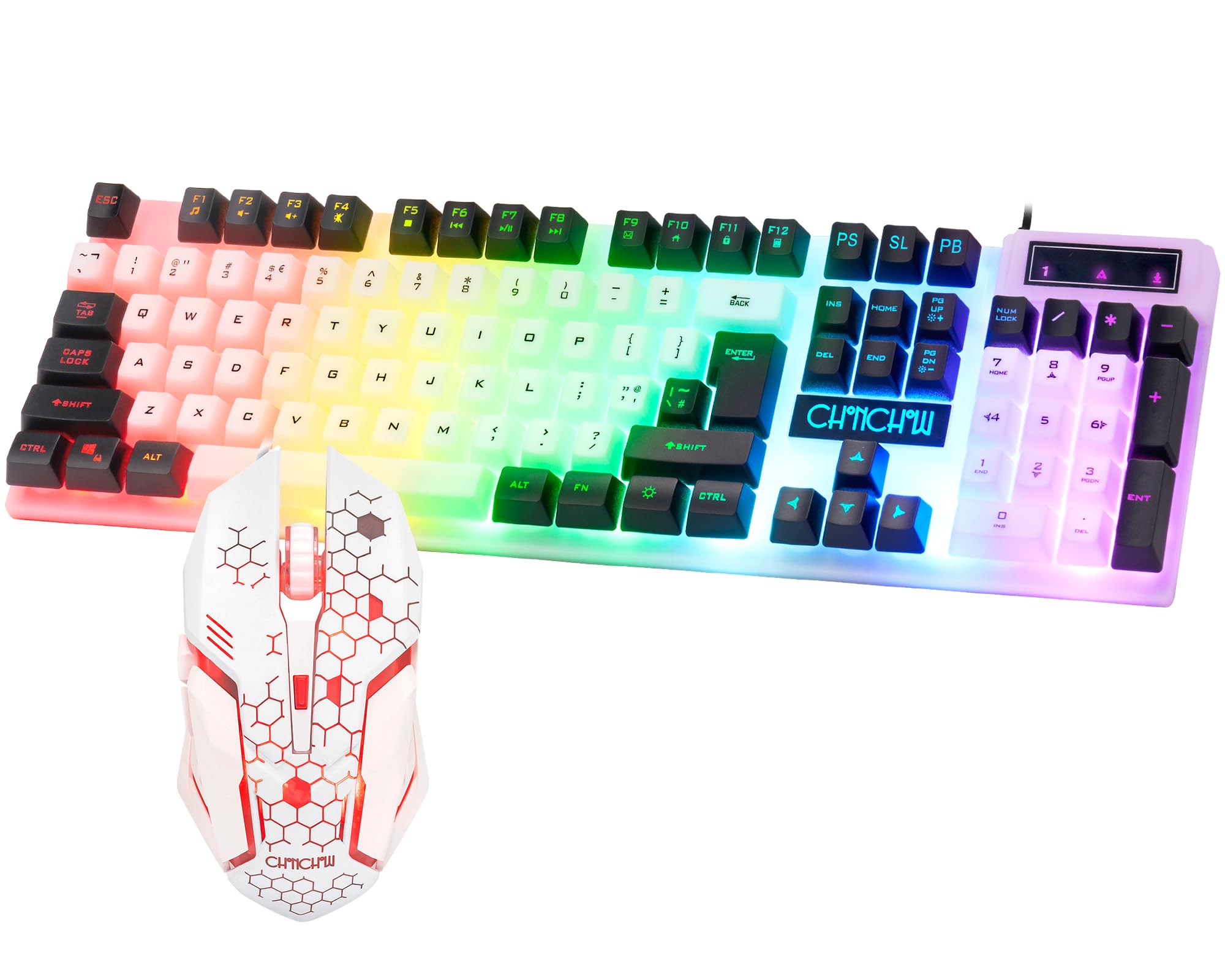 CHONCHOW Gaming Keyboard Mouse Combo Rainbow LED Backlit Ambient Light Illuminated Character Wired USB Keyboard Mice Compatible with Windows XP/7/10 iMac MacBook PS4 PS5 Xbox one(White and Black)