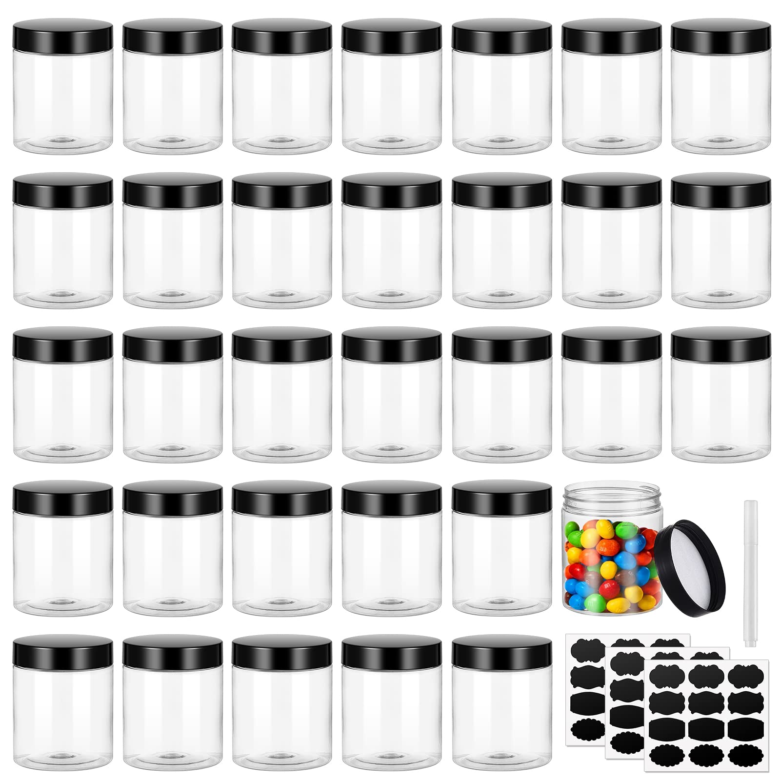 8OZ 32PCS Plastic Jars with Lids Empty Slime Cosmetics Containers Clear Gift Round PET Cream Jars with Black Lids Pen Labels for Kitchen Storage Spices Dry Food Body Butter Slime Making