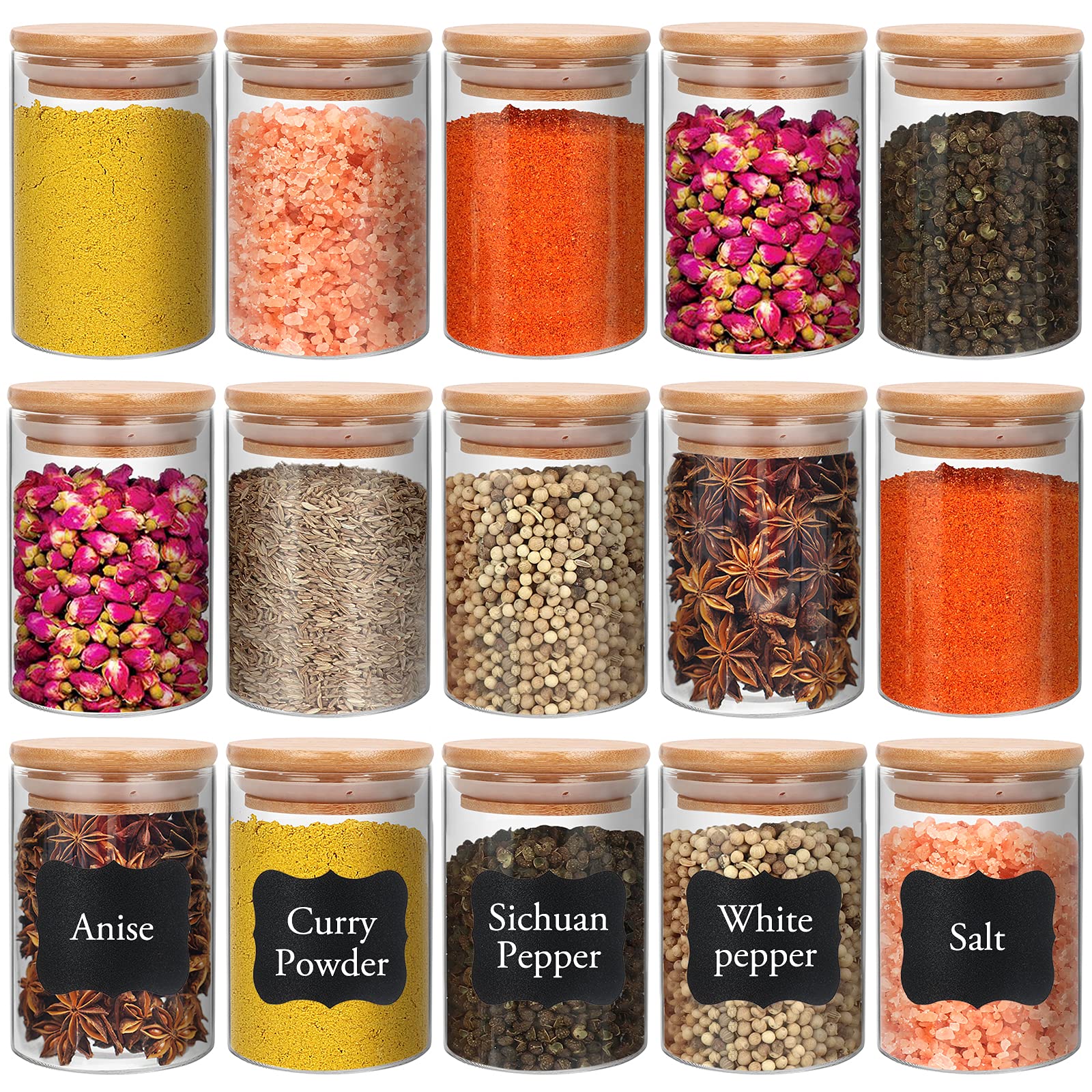 8oz Glass Jars with Bamboo Lids, Borosilicate Glass Airtight Canisters sets, Glass Food Storage Container, Pantry Organization and Storage Jars, Kitchen Canisters Sets, Spice Jars, Containers of 15