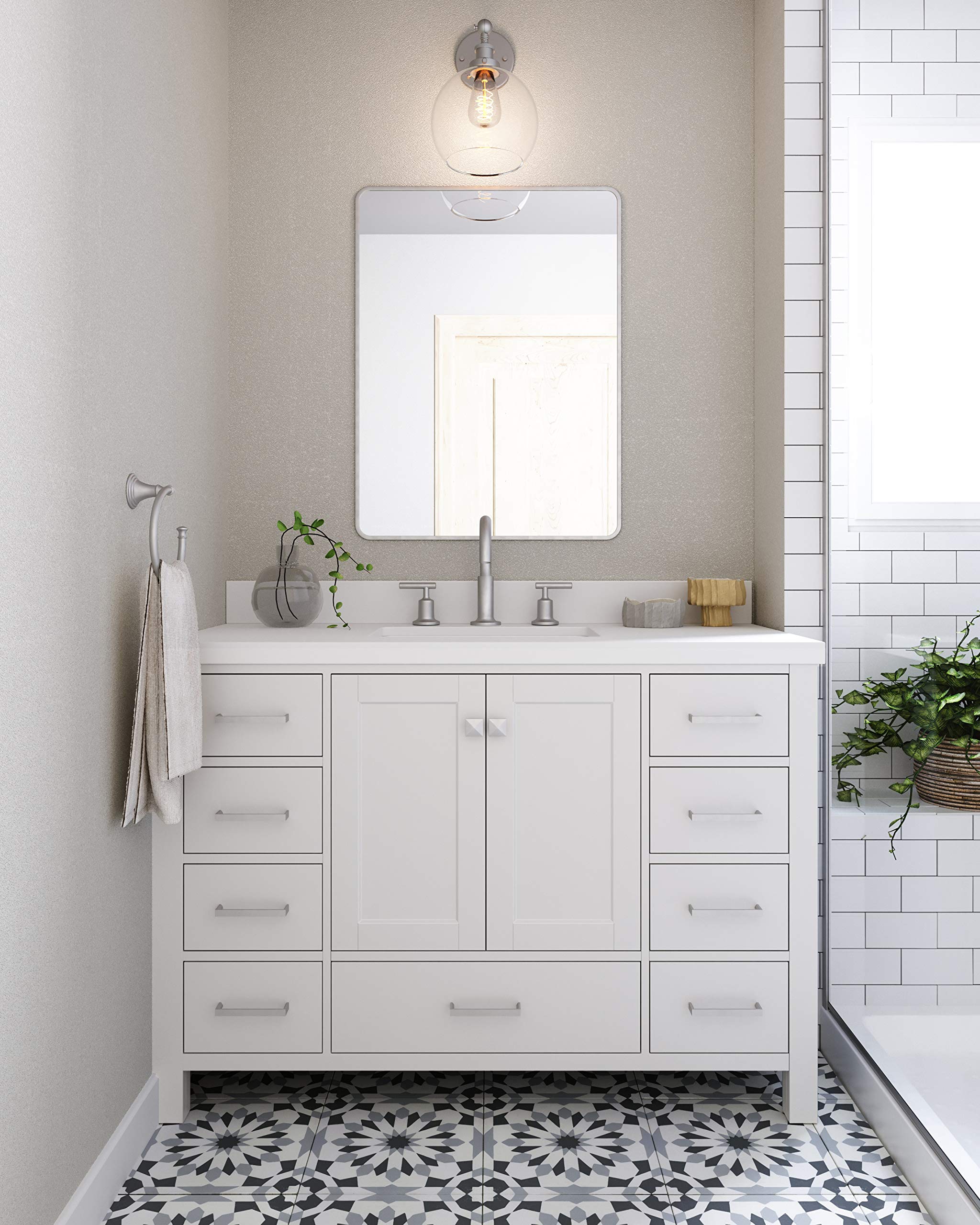 ARIEL 49" White Bathroom Vanity with 1.5" Edge Pure White Quartz Countertop & Backsplash, Center Oval Sink, 2 Soft Closing Doors, 9 Full Extension Dovetail Drawers, Brushed Nickel