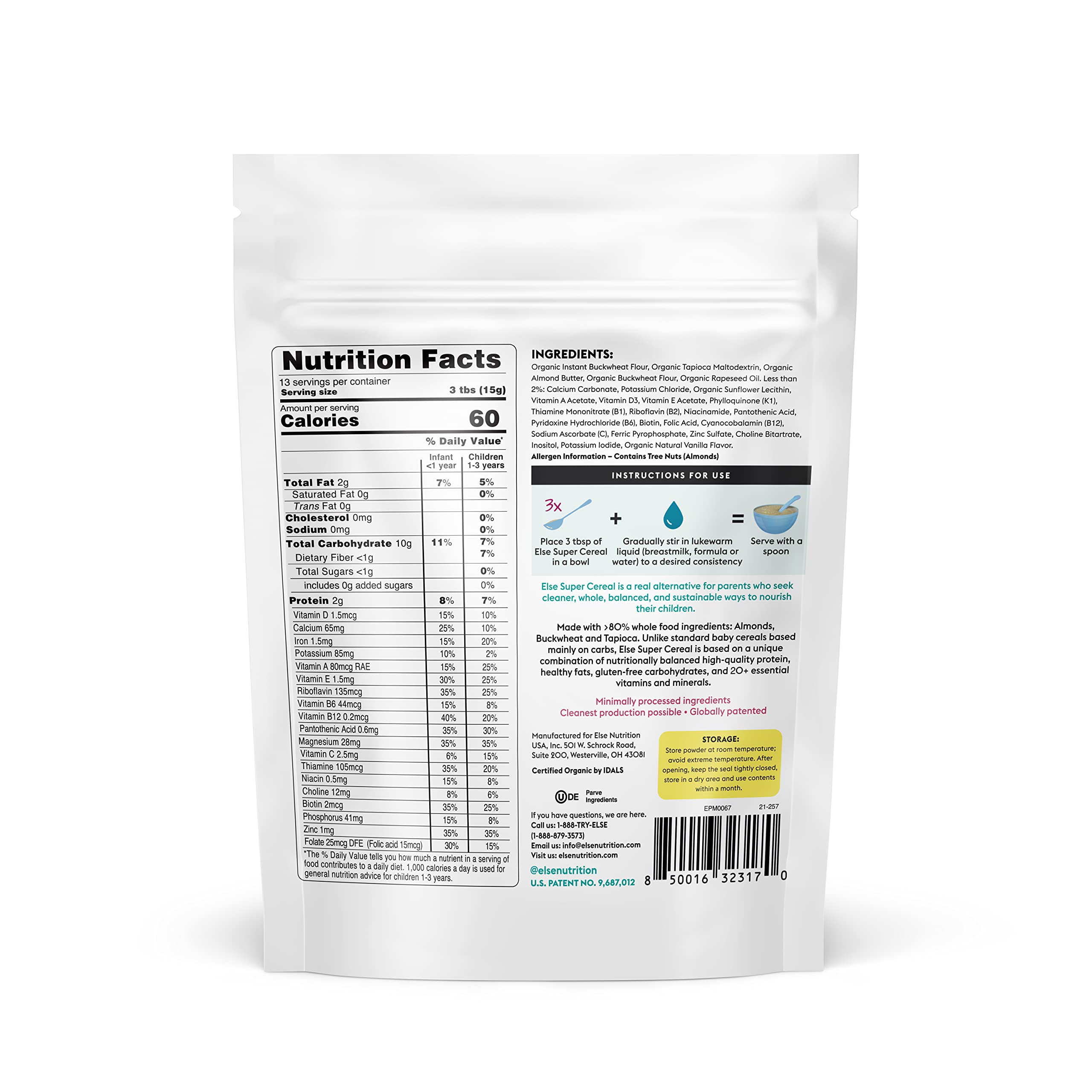 Else Nutrition Super Cereal For Babies 6 mo+, Made With Real Whole Plants for a Nutritionally Balanced meal, with gluten free carbs and plant protein (Vanilla, Single)