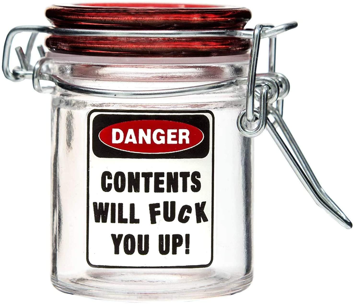 Airtight Glass Herb Stash Jar, 5oz Mason Style with Clamping Lid - Danger Contents Will F You Up with Red Glass Lid