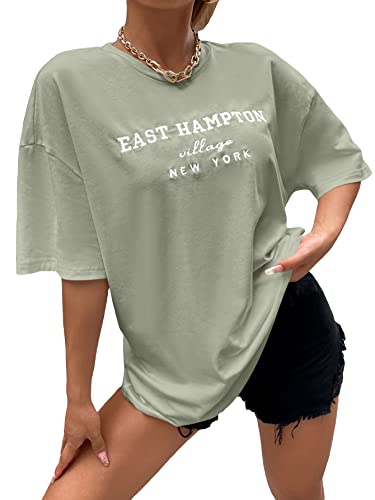 Cozyease Women's Letter Print Oversized Short Sleeve Round Neck Casual T Shirt Top Mint Green M