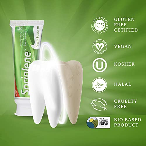 SprinJene Fluoride Toothpaste with Patented Black Seed Oil and Zinc - Certified Vegan, Cruelty-Free, Gluten-Free, Kosher, Halal, Natural Teeth Whitening Toothpaste 2 Pack (Fresh Boost)